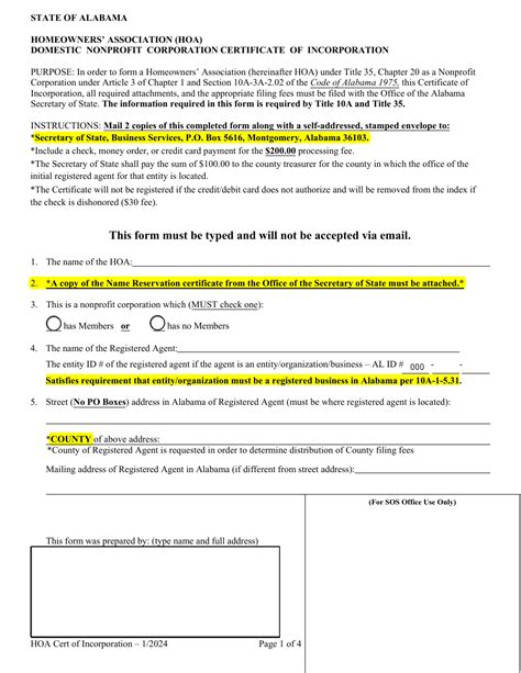 Alabama Homeowners Association Hoa Domestic Nonprofit Corporation