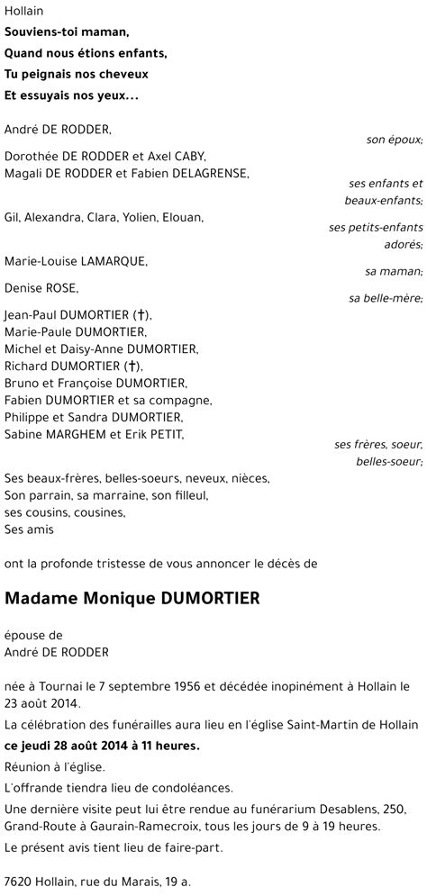 Avis De Décès De Monique Dumortier Décédé Le 23082014 à Hollain Annonce Condoléances