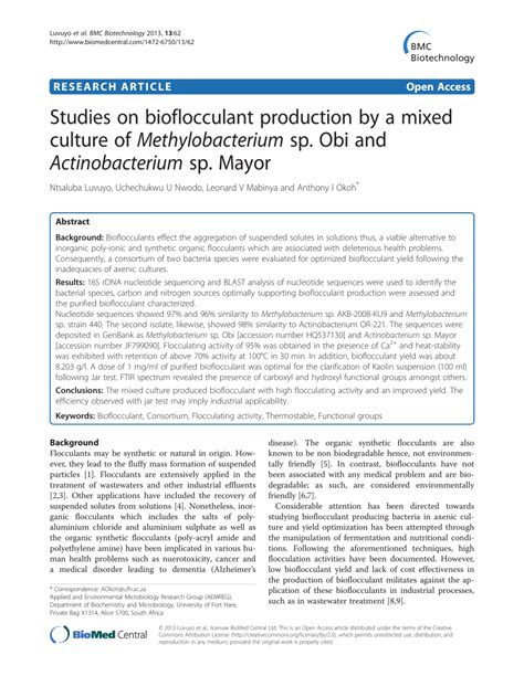 Pdf Studies On Bioflocculant Production By A Mixed Culture Of