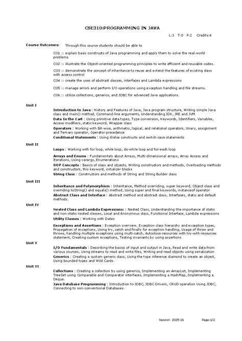 Cse310 Java Programming Course Syllabus And Outcomes Studocu