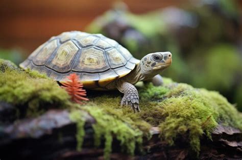 Turtle With Textured Shell Resting On A Mossy Log Premium Ai