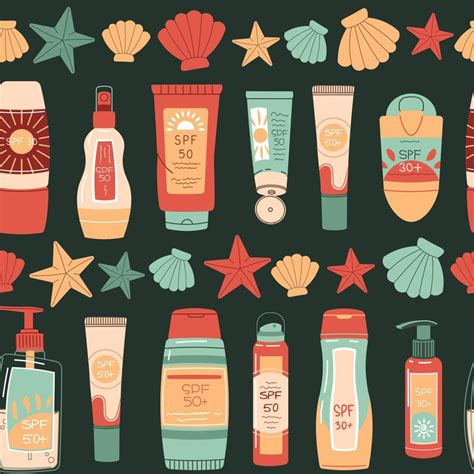 Seamless Pattern With Sunscreen And Seashells Spf Protection For Skin