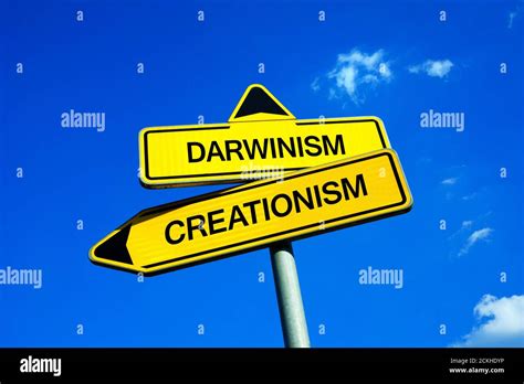 Darwinism Vs Creationism Traffic Sign With Two Options Conflict Between Evolutionary Theory
