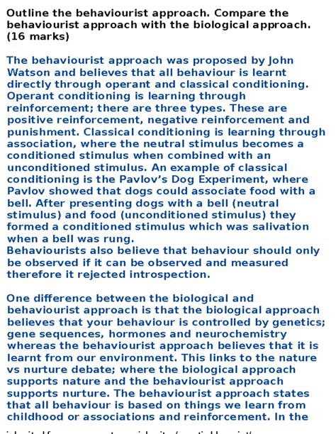 Biological Vs Behaviourist Essay Outline The Behaviourist Approach Compare The Behaviourist