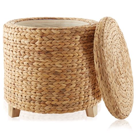 Casafield 17 Round Storage Ottoman With Lid Natural Handwoven Footstool For Living Room