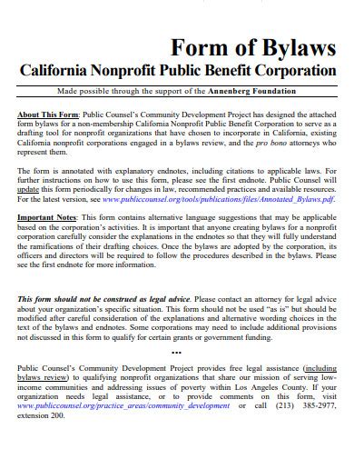 Non Profit Bylaws Template California Carnelena