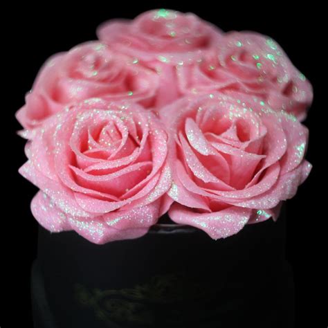 Bright Pink Glitter Roses Black Box 5 Roses Glitter Flowers