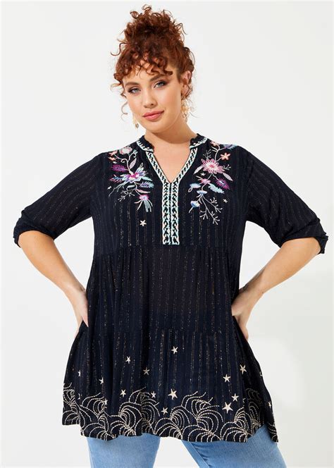 Shop Plus Size Natural Embroidered Tunic Blue Taking Shape Uk