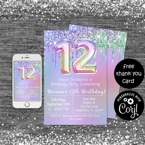 Glitter 12th Birthday Invitation Rainbow Drips Purple Birthday Party Invitation 12 Year Old