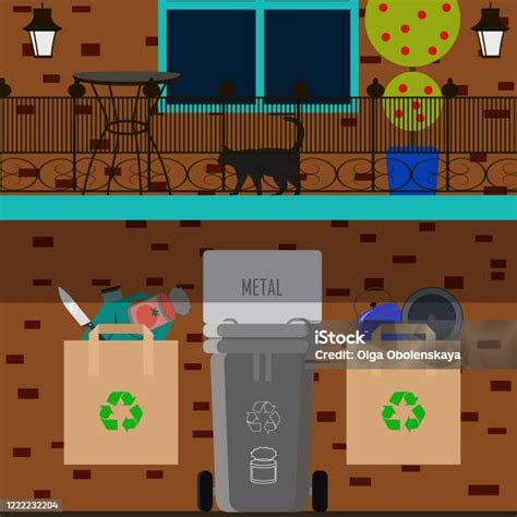 카테고리 플라스틱 유기 금속 종이 유리로 쓰레기를 분류의 벡터 평면 그림 쓰레기는 밝은 발코니와 창문이있는 벽돌 집의 배경에 환경 재활용을 위해 분류 된 쓰레기로 할 수