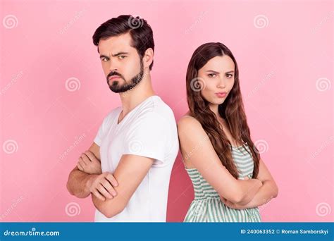 Photo Of Grumpy Frustrated Couple Folded Arms Quarrel Conflict Wear Casual Outfit Isolated Pink