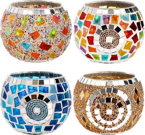 Hacaroa Set Of 4 Mosaic Glass Candle Holders Colorful