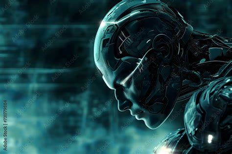 Android Head On Abstract Cybernetic Data Background Neural Network