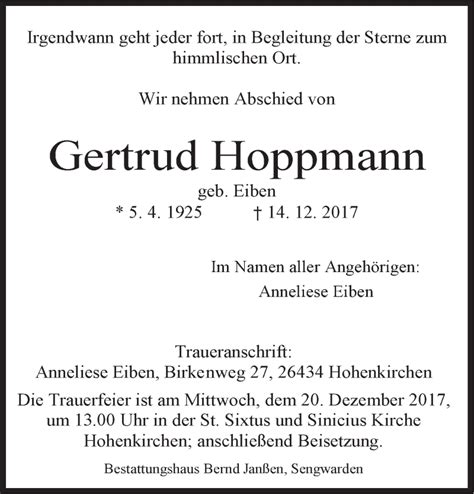 Traueranzeigen Von Gertrud Hoppmann Nordwest Trauerde