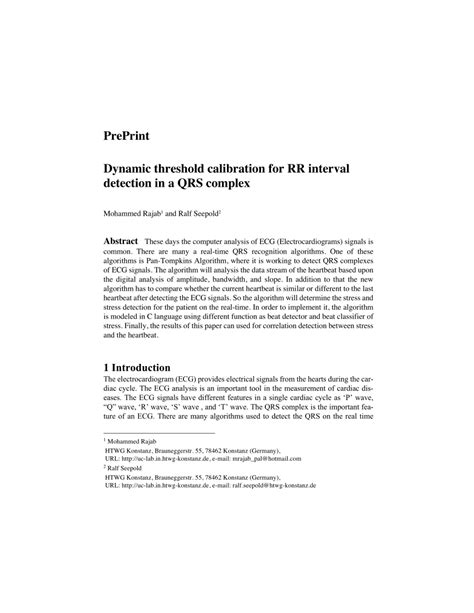 Pdf High Performance Dynamic Threshold Calibration For Rr Interval