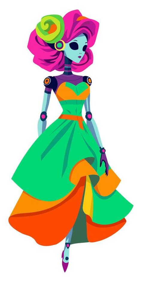 Female Robot In Elegant Dress And High Hairstyle Bright Illustration