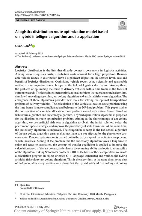 A Logistics Distribution Route Optimization Model Based On Hybrid Intelligent Algorithm And Its