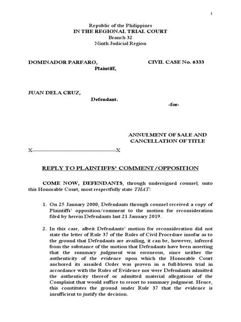 In The Regional Trial Court: Reply To Plaintiffs' Comment/Opposition | PDF | Summary Judgment ...