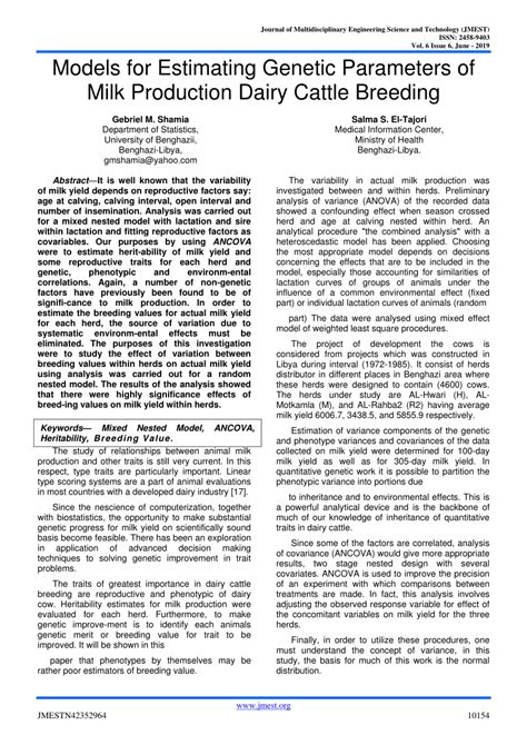Pdf Models For Estimating Genetic Parameters Of Milk Production Dairy