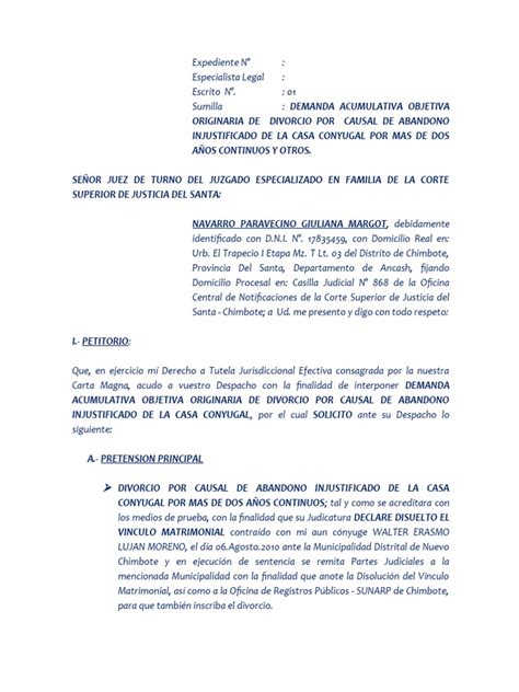 Demanda De Divorcio Por Causal De Abandono Injustificado Pdf