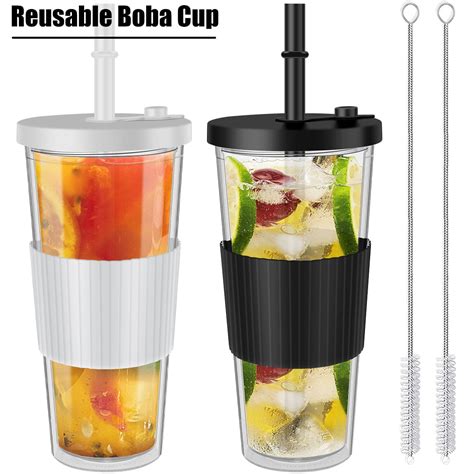 Lieonvis 2 Pcs Boba Cup Bubble Tea Cup 24ozreusable Wide Mouth