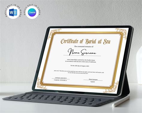 Editable Certificate Of Burial Template Award Template Printable Certificate Editable With