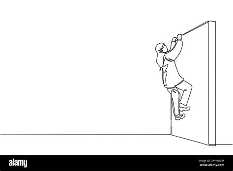 single continuous line drawing arab businesswoman climb obstacle wall