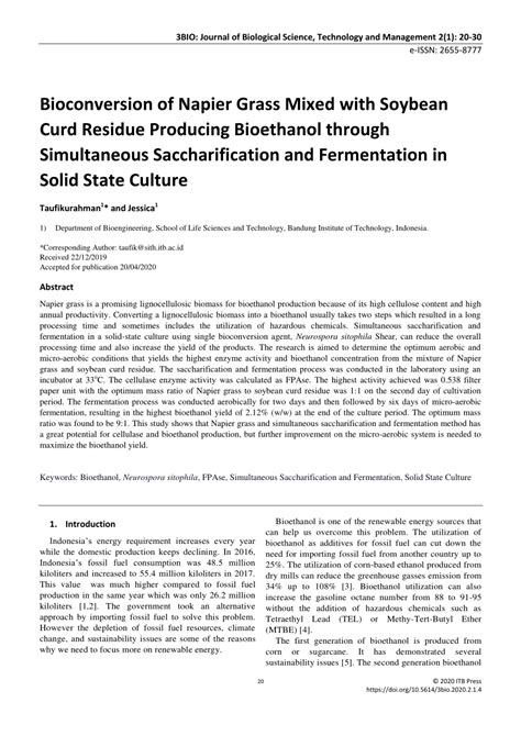 Pdf Bioconversion Of Napier Grass Mixed With Soybean Curd Residue Producing Bioethanol Through