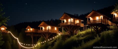 Treehouse Village Nighttime Scene Stable Diffusion Online