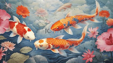 彩色中国风锦鲤国潮插画图片 千库网