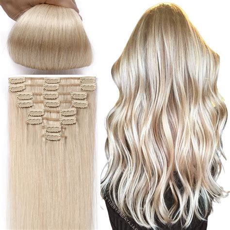 Clip In 100 Remy Real Human Hair Extensions Full Head Highlight Blonde