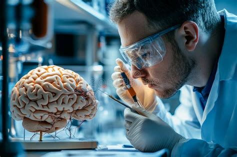 Scientist Examines Detailed Model Of Human Brain In Laboratory Setting During Daylight Stock