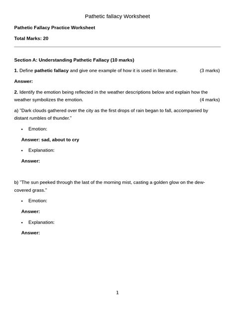 Pathetic Fallacy Worksheet Pdf Teaching Methods And Materials