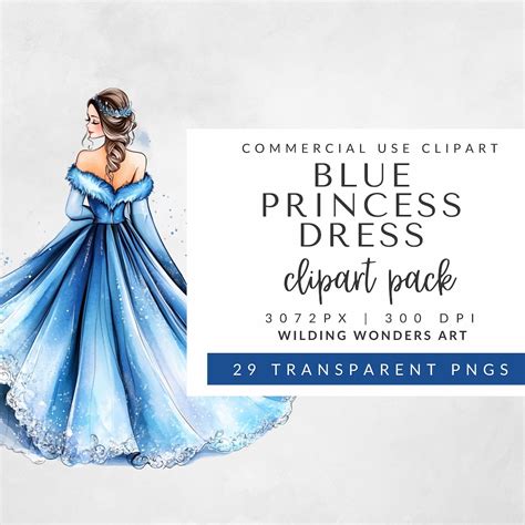 Watercolor Blue Princess Dress Clipart For Commercial Use Watercolor