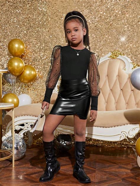 Tween Girls Fashionable Party Knitted Round Neck Mesh Panel Long