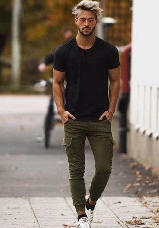 Mens Black Crew Neck T Shirt Olive Cargo Pants White Low Top
