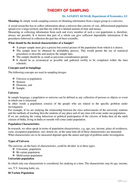 Theory Of Sampling Lecture Notes Survey Sampling Techniques Docsity