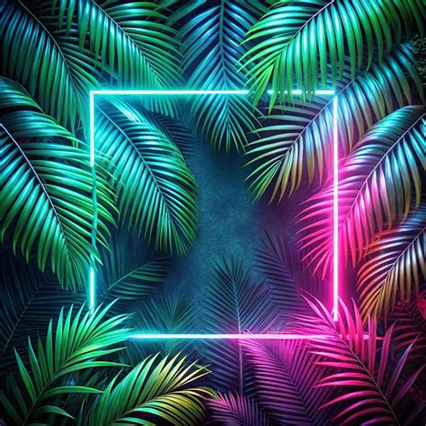 Neon Frame On Tropical Palm Leaves Background 8090 Neon Jungle Concept