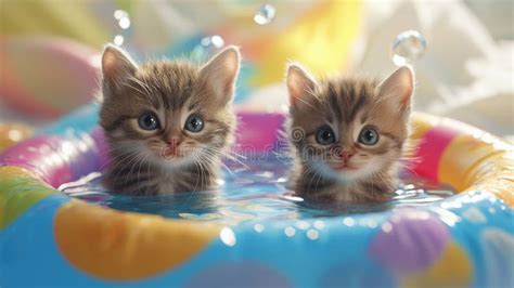 Adorable Kittens Playing In Colorful Inflatable Pool With Water Bubbles