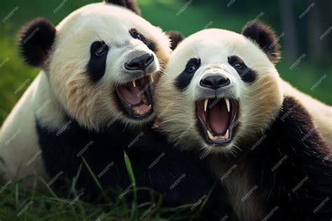 Premium Photo Two Panda Bears With Their Mouths Open One Has The