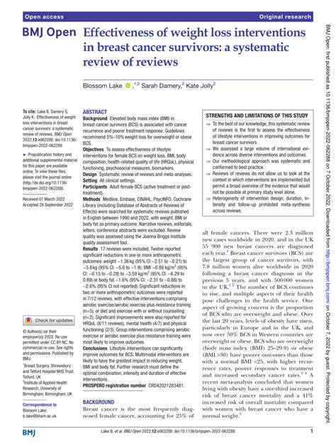 Pdf Effectiveness Of Weight Loss Interventions In Breast Cancer