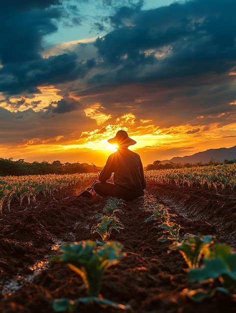 Paisaje De Una Persona Trabajando En Un Campo Con El Sol Detrás De