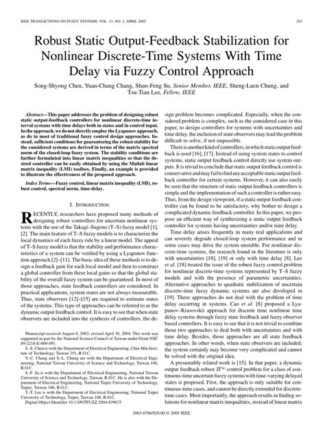 PDF Robust Static Output Feedback Stabilization For Nonlinear Discrete Time Systems With Time