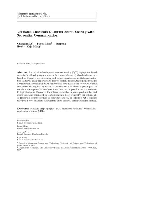 Pdf Verifiable Threshold Quantum Secret Sharing With Sequential