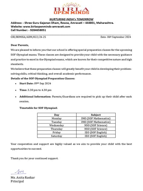 Timetable For Sof Olympiad Classes Pdf