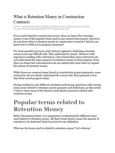 What Is Retention Money In Construction Contracts Pdf