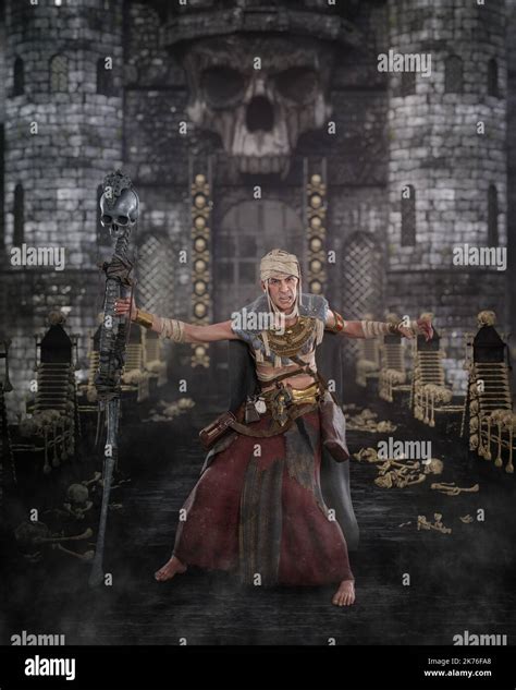 Dark Fantasy Black Magic Necromancer With Staff Made From Human Bones