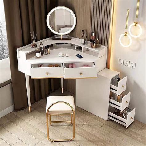 Modern Corner Vanity Table Set With Lighted Mirror Vanity