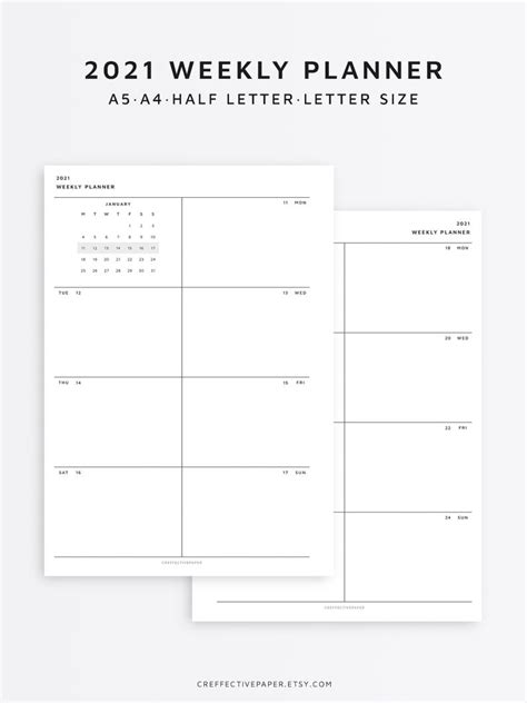 2021 Dated Weekly Planner With Calendar Printable Template Etsy