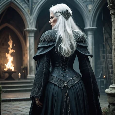 Back View Of A White Haired Old Witch Wearing A Dark Medieval Seaart Ai